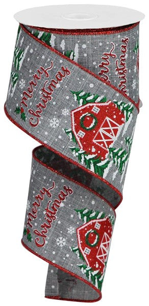 2.5"x10yd Christmas Barn On Royal Burlap , Grey/Red/White/Green O19 ...